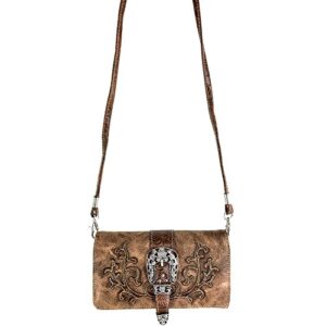 Justin West Tooled Laser Cut Leather Floral Embroidery Rhinestone Buckle Studded Shoulder Concealed Carry Tote Style Handbag Purse (Brown Brown Wallet)