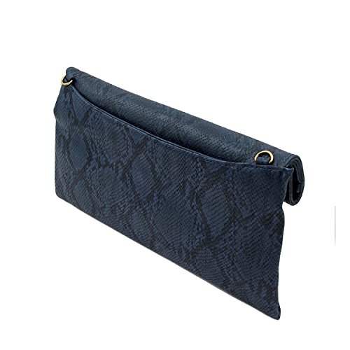 Premium Snakeskin PU Leather Roll Up Flap Clutch Evening Bag, Navy