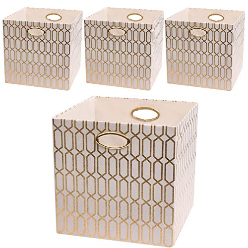 Posprica Storage Bins, Storage Cubes,13×13 Fabric Drawers Organizer Basket Boxes Containers (13×13×13/4pcs, Cream/gold geometry Pattern)