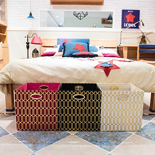 Posprica Storage Bins, Storage Cubes,13×13 Fabric Drawers Organizer Basket Boxes Containers (13×13×13/4pcs, Cream/gold geometry Pattern)