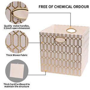 Posprica Storage Bins, Storage Cubes,13×13 Fabric Drawers Organizer Basket Boxes Containers (13×13×13/4pcs, Cream/gold geometry Pattern)