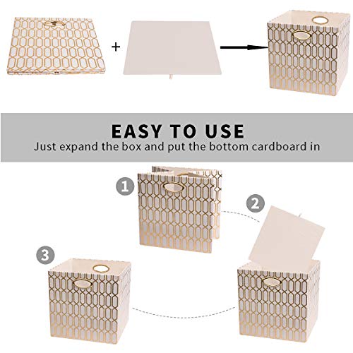 Posprica Storage Bins, Storage Cubes,13×13 Fabric Drawers Organizer Basket Boxes Containers (13×13×13/4pcs, Cream/gold geometry Pattern)