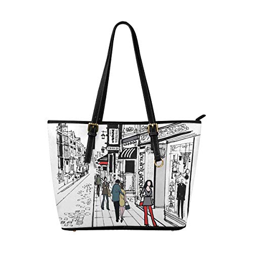 InterestPrint Fashion Women's PU Leather HandBags Ladies Shoulder Bags Tote Bags Cobbled Street in Paris, France