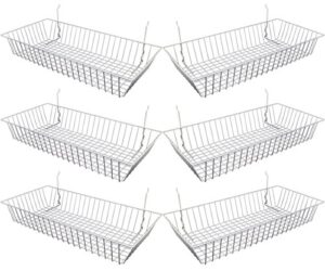 epoxy chrome wire basket for pegboard, slatwall or gridwall (set of 6), merchandiser baskets, perfect for commercial or retailer, 24” l x 12” d x 4” h, shallow baskets (white)