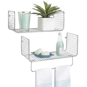 mDesign Metal Wire Farmhouse Wall Decor Storage Organizer Shelving Set - 1 Shelf with Towel Bar for Bathroom, Laundry Room, Kitchen, Garage - Wall Mount, 2 Pieces - Chrome