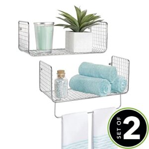 mDesign Metal Wire Farmhouse Wall Decor Storage Organizer Shelving Set - 1 Shelf with Towel Bar for Bathroom, Laundry Room, Kitchen, Garage - Wall Mount, 2 Pieces - Chrome