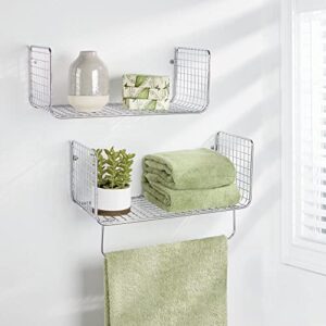 mDesign Metal Wire Farmhouse Wall Decor Storage Organizer Shelving Set - 1 Shelf with Towel Bar for Bathroom, Laundry Room, Kitchen, Garage - Wall Mount, 2 Pieces - Chrome