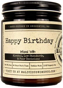 malicious women candle co – happy birthday, vanilla cupcake infused with alcohol, low standards, and poor decisions, all-natural soy candle, 9 oz