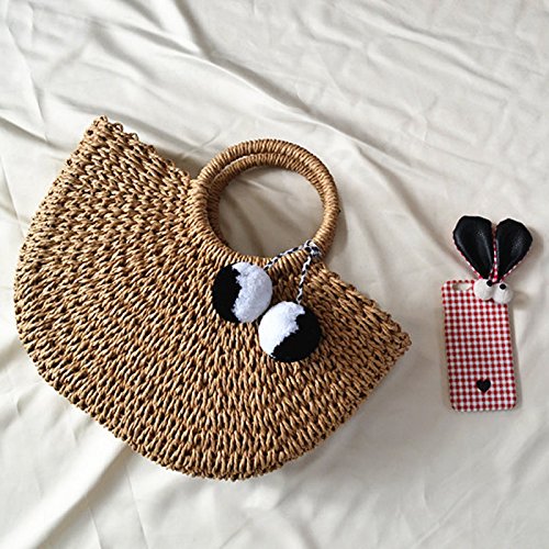 Hand-woven Straw Large Hobo Bag for Women Round Handle Ring Toto Retro Summer Beach (Brown)