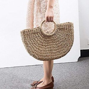 Hand-woven Straw Large Hobo Bag for Women Round Handle Ring Toto Retro Summer Beach (Brown)