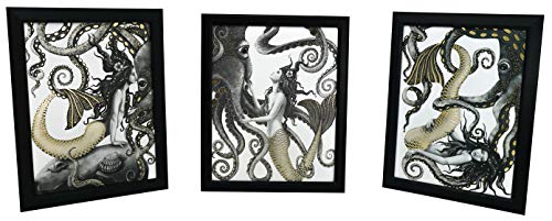 Mermaid and Octopus Wall Art – Collectible Set - Home Decor Nautical Bathroom Beach Ocean Posters Prints Decorations Pictures Artwork Mermaids for kids Girls Bedroom Girl Gold Foil Painting - 8x10 inches