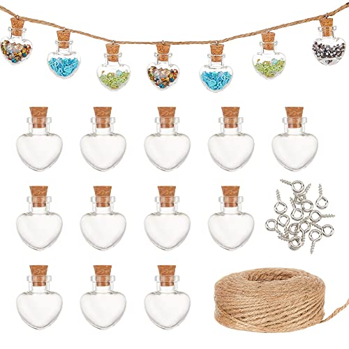 PH PandaHall Mini Heart Glass Jars Bottles with Cork Stoppers, 20pcs Small Wishing Bottles Corked Glass Bottles, 20pcs Eye Screws, 30 Yards Twine for Valentine Mother Wedding Christmas Message Decor