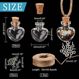 PH PandaHall Mini Heart Glass Jars Bottles with Cork Stoppers, 20pcs Small Wishing Bottles Corked Glass Bottles, 20pcs Eye Screws, 30 Yards Twine for Valentine Mother Wedding Christmas Message Decor