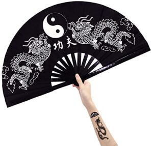 amajiji large rave folding hand fan for men/women, chinese japanese kung fu tai chi handheld fan performance fan festival gift fan craft fan folding fan dance fan (black dragon)