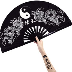 Amajiji Large Rave Folding Hand Fan for Men/Women, Chinese Japanese Kung Fu Tai Chi Handheld Fan Performance Fan Festival Gift Fan Craft Fan Folding Fan Dance Fan (Black Dragon)