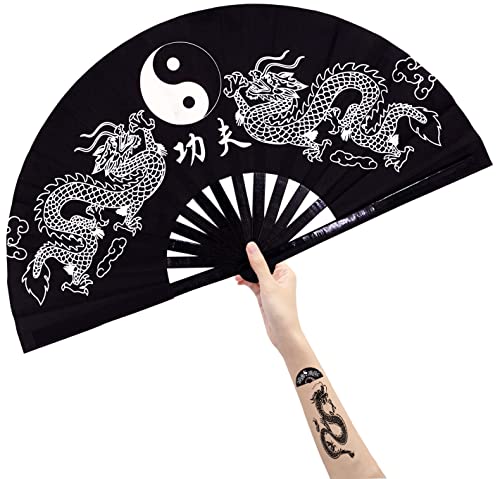 Amajiji Large Rave Folding Hand Fan for Men/Women, Chinese Japanese Kung Fu Tai Chi Handheld Fan Performance Fan Festival Gift Fan Craft Fan Folding Fan Dance Fan (Black Dragon)