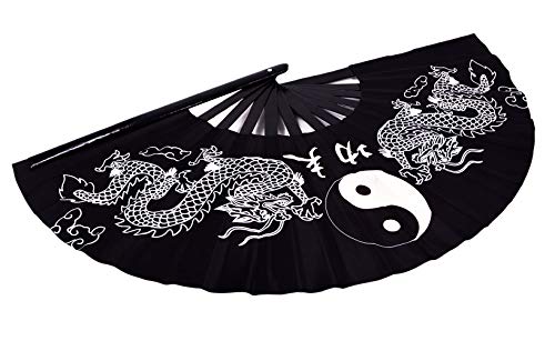 Amajiji Large Rave Folding Hand Fan for Men/Women, Chinese Japanese Kung Fu Tai Chi Handheld Fan Performance Fan Festival Gift Fan Craft Fan Folding Fan Dance Fan (Black Dragon)