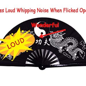 Amajiji Large Rave Folding Hand Fan for Men/Women, Chinese Japanese Kung Fu Tai Chi Handheld Fan Performance Fan Festival Gift Fan Craft Fan Folding Fan Dance Fan (Black Dragon)