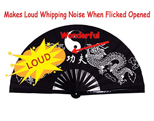 Amajiji Large Rave Folding Hand Fan for Men/Women, Chinese Japanese Kung Fu Tai Chi Handheld Fan Performance Fan Festival Gift Fan Craft Fan Folding Fan Dance Fan (Black Dragon)