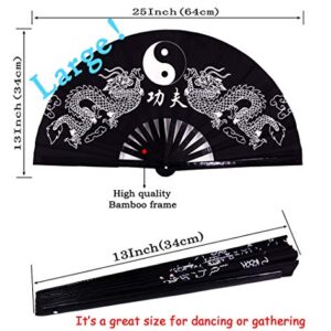 Amajiji Large Rave Folding Hand Fan for Men/Women, Chinese Japanese Kung Fu Tai Chi Handheld Fan Performance Fan Festival Gift Fan Craft Fan Folding Fan Dance Fan (Black Dragon)