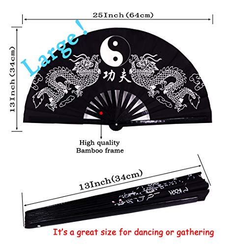 Amajiji Large Rave Folding Hand Fan for Men/Women, Chinese Japanese Kung Fu Tai Chi Handheld Fan Performance Fan Festival Gift Fan Craft Fan Folding Fan Dance Fan (Black Dragon)