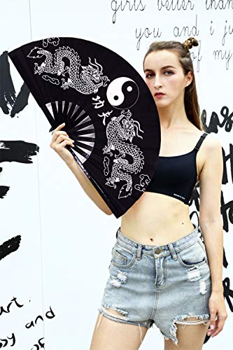 Amajiji Large Rave Folding Hand Fan for Men/Women, Chinese Japanese Kung Fu Tai Chi Handheld Fan Performance Fan Festival Gift Fan Craft Fan Folding Fan Dance Fan (Black Dragon)