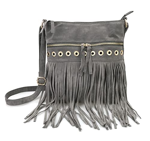 HOXIS Studded Tassel Zipper Pocket Faux Suede Leather Cross Body Bag Womens Purse (Gray)