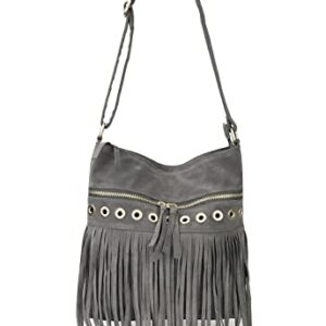 HOXIS Studded Tassel Zipper Pocket Faux Suede Leather Cross Body Bag Womens Purse (Gray)