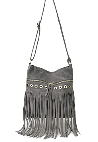 HOXIS Studded Tassel Zipper Pocket Faux Suede Leather Cross Body Bag Womens Purse (Gray)