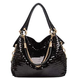 yan show women patent leather chain handbags shoulder bags for ladies sequin purse black large