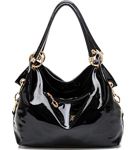 Yan Show Women Patent Leather Chain Handbags Shoulder Bags for Ladies Sequin Purse Black Large