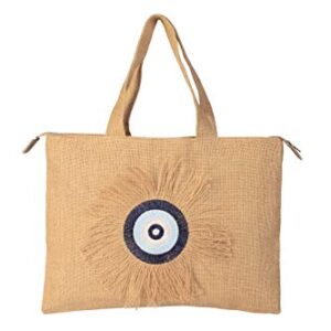 Evil Eye Embroidery Jute Handbag Tote Beach Bag Zipper Gift Bag with Crystals and Tassels