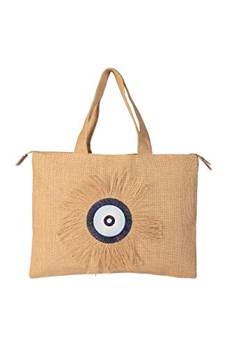 Evil Eye Embroidery Jute Handbag Tote Beach Bag Zipper Gift Bag with Crystals and Tassels