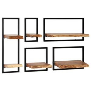 vidaXL Solid Wood Acacia 5 Piece Wall Shelf Set Home Bedroom Floating Living Room Office Wooden Book Ledge Display Unit Stand Steel