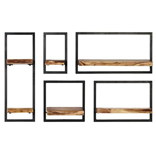 vidaXL Solid Wood Acacia 5 Piece Wall Shelf Set Home Bedroom Floating Living Room Office Wooden Book Ledge Display Unit Stand Steel