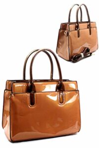 downtown apparel caramel patent square tote bag