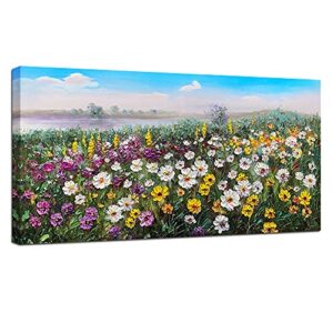 arjun flowers canvas wall art landscape painting, modern spring nature wildflowers daisy floral picture artwork large framed for bedroom living room bathroom home office wall décor, 40″x20″ one panel