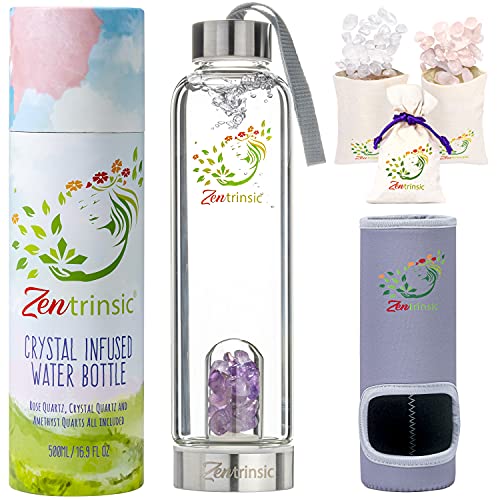 Zentrinsic Crystal-Infused-Water-Bottle, Inc 3 crystals- Rose-Quartz-Clear-Quartz & Amethyst Eco-Friendly and perfect for yoga-meditation-reiki-spiritual-gifts Healing Stones and Elixir Energy 16.9 oz