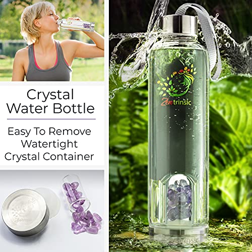 Zentrinsic Crystal-Infused-Water-Bottle, Inc 3 crystals- Rose-Quartz-Clear-Quartz & Amethyst Eco-Friendly and perfect for yoga-meditation-reiki-spiritual-gifts Healing Stones and Elixir Energy 16.9 oz