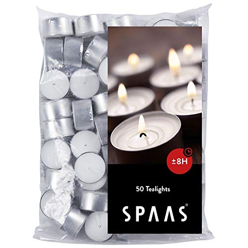 Spaas Tea Light Candles - White with Aluminium Cup, Unscented, Burn 7-8 Hours, Set of 50, Produced By Top 3 European Manufacturer, Perfect for Candle Holders, Tea Warmers, Tart and Food Warmers, Votives, Fits Paper Lantern, Hangers, Burner and Jars