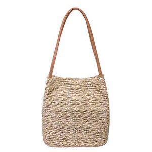 aphoraeny straw beach bag buckets totes handbag shoulder bag tote bag women summer handbag (dark beige)