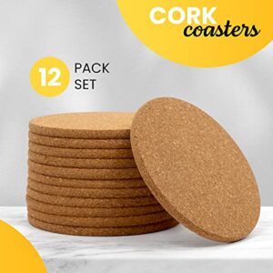 Noe & Malu Round Edges Cork Coasters 4" Diameter 1/4" Thick, Set of 12 Wooden Drink Coasters Absorbent Heat Resistant Reusable Tea or Coffee Coaster, Reusable Saucers for Wine Glasses Cups Mugs