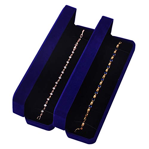 iSuperb Set of 2 Blue Velvet Necklace Chain Bracelet Display Case Storage Jewelry Gift Box 8.7x1.6x2inch