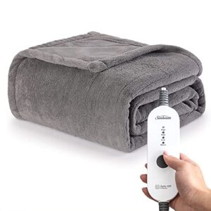 sunbeam royal luxe dove grey heated personal throw / blanket, cozy-warm, adjustable heat settings