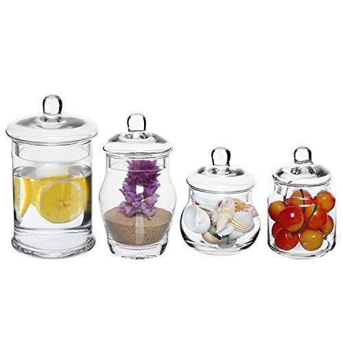 MyGift Decorative Glass Apothecary Candy Jars, Small Wedding Events Table Centerpiece Storage Canisters with Lids, Set of 4