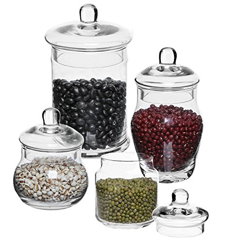 MyGift Decorative Glass Apothecary Candy Jars, Small Wedding Events Table Centerpiece Storage Canisters with Lids, Set of 4