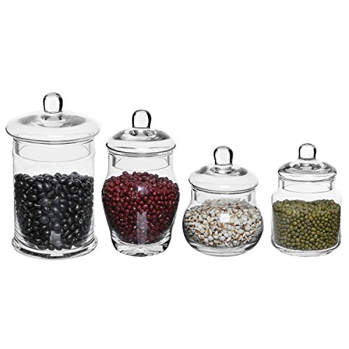 MyGift Decorative Glass Apothecary Candy Jars, Small Wedding Events Table Centerpiece Storage Canisters with Lids, Set of 4