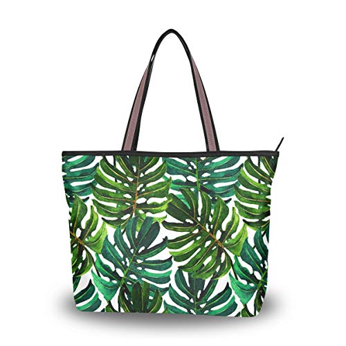 Women Tote Top Handle Shoulder Bags Watercolor Monstera Leaf Large Zip Ladies Handbag