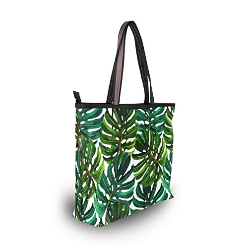 Women Tote Top Handle Shoulder Bags Watercolor Monstera Leaf Large Zip Ladies Handbag