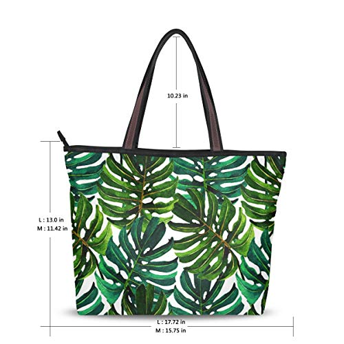 Women Tote Top Handle Shoulder Bags Watercolor Monstera Leaf Large Zip Ladies Handbag